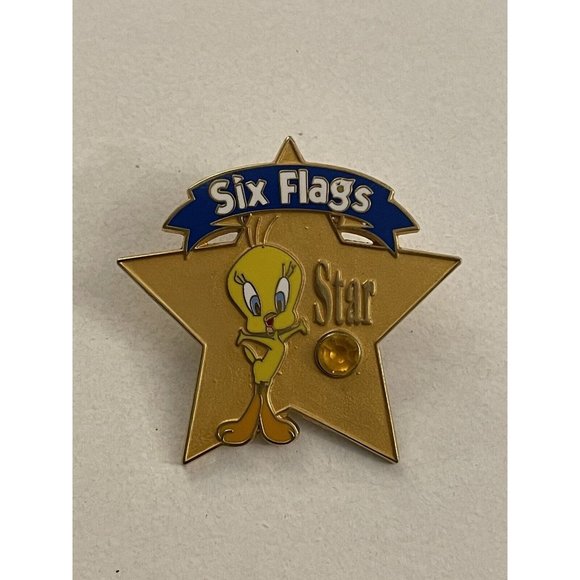 Other | Warner Bros Tweety Bird Six Flags Gold Star Pin Pinback Pb1 ...